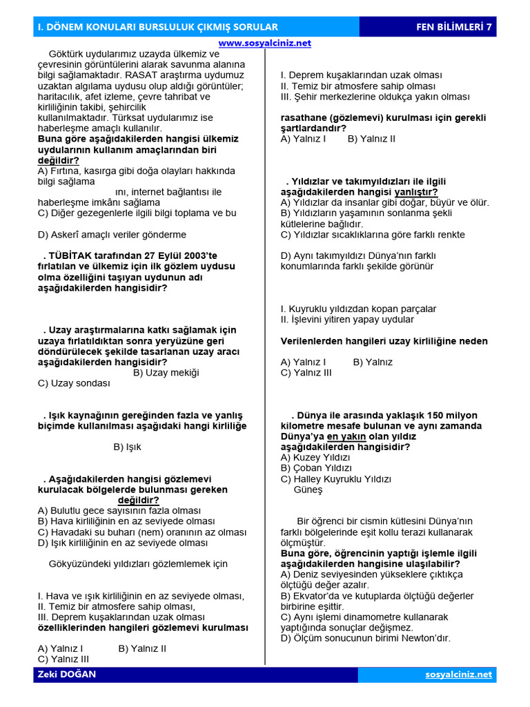 7 Sinif Fen Bilimleri Bursluluk Cikmis Sorular Sosyalciniz Net | PDF