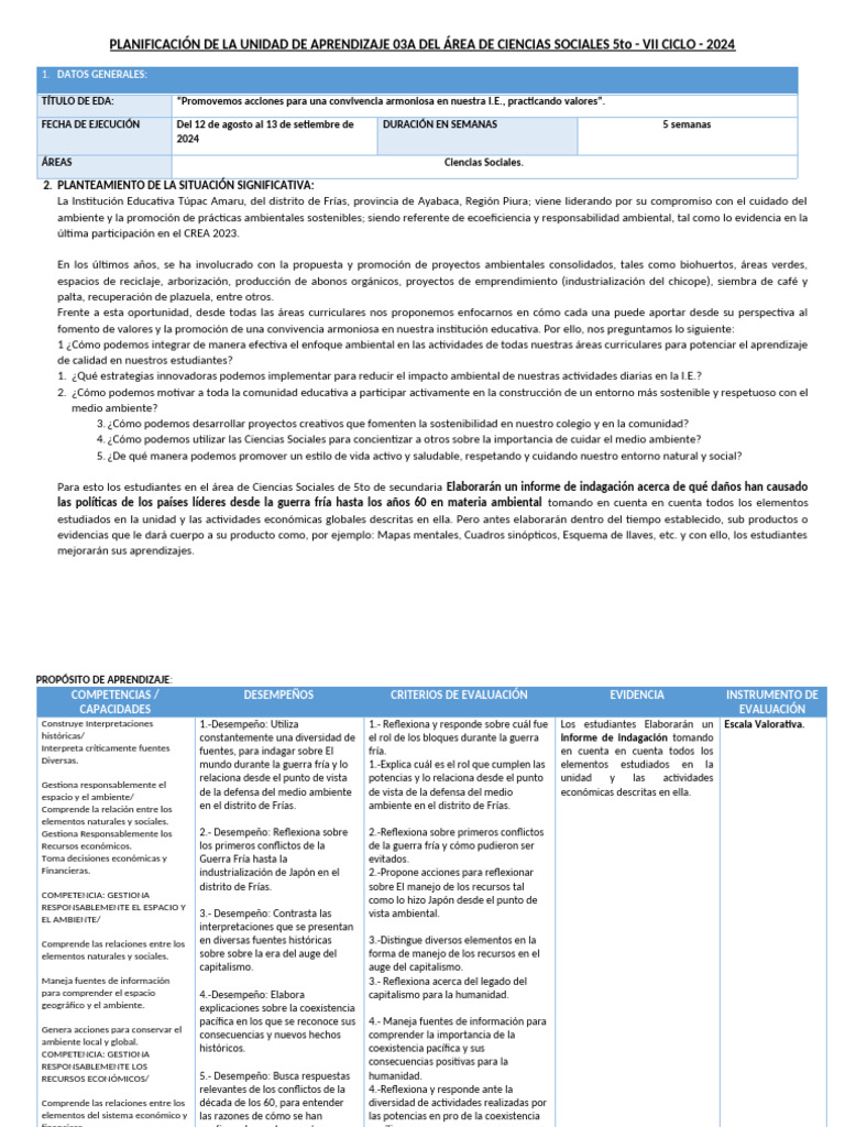 Unidad de Aprendizaje 03A 5to Sec CCSS | PDF | Sustentabilidad | Entorno natural