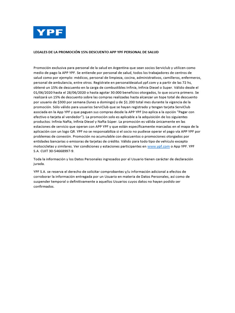 Legales Promocion APP YPF Personal de Salud | PDF