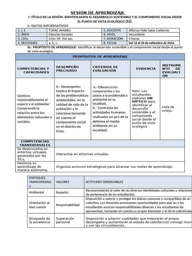 Sesión Aprendizaje 01BUnidad - 03B - 5to Sec CCSS | PDF | Aprendizaje | Desarrollo sostenible