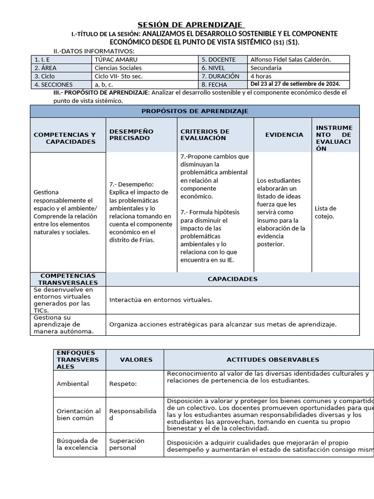 Sesión Aprendizaje 02AUnidad - 03B - 5to Sec CCSS | PDF | Aprendizaje | Desarrollo sostenible