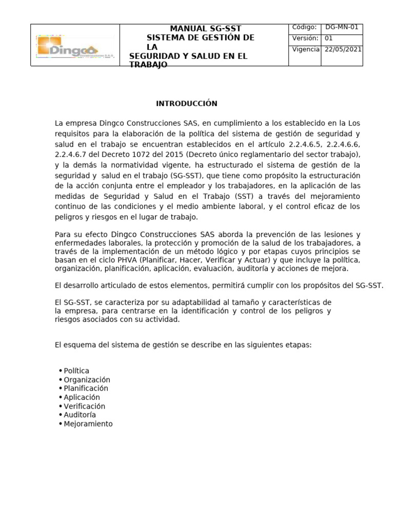 Manual SG-SST: Seguridad y Salud Laboral | PDF | Riesgo | Seguridad y ...