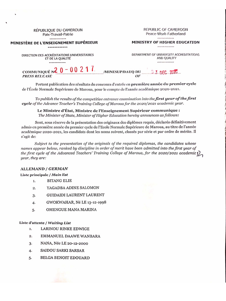 Résultats Concours ENS Maroua 2020 Cycle 1 | PDF