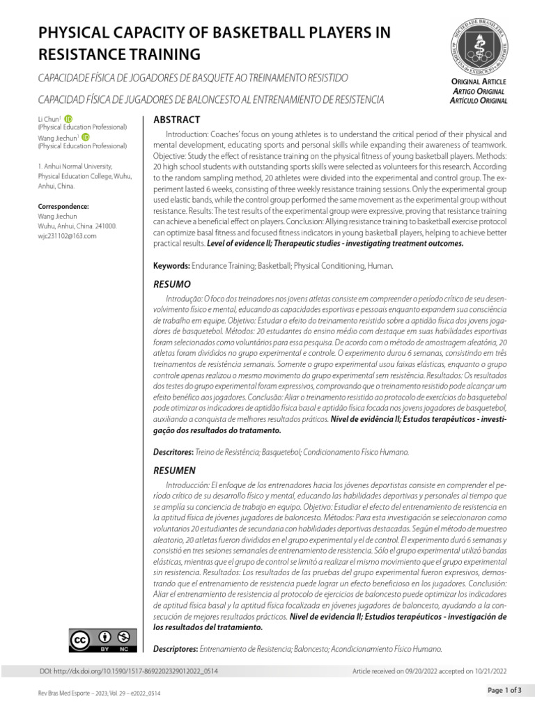 Physical Capacity of Basketball Players in Resistance Training | PDF ...