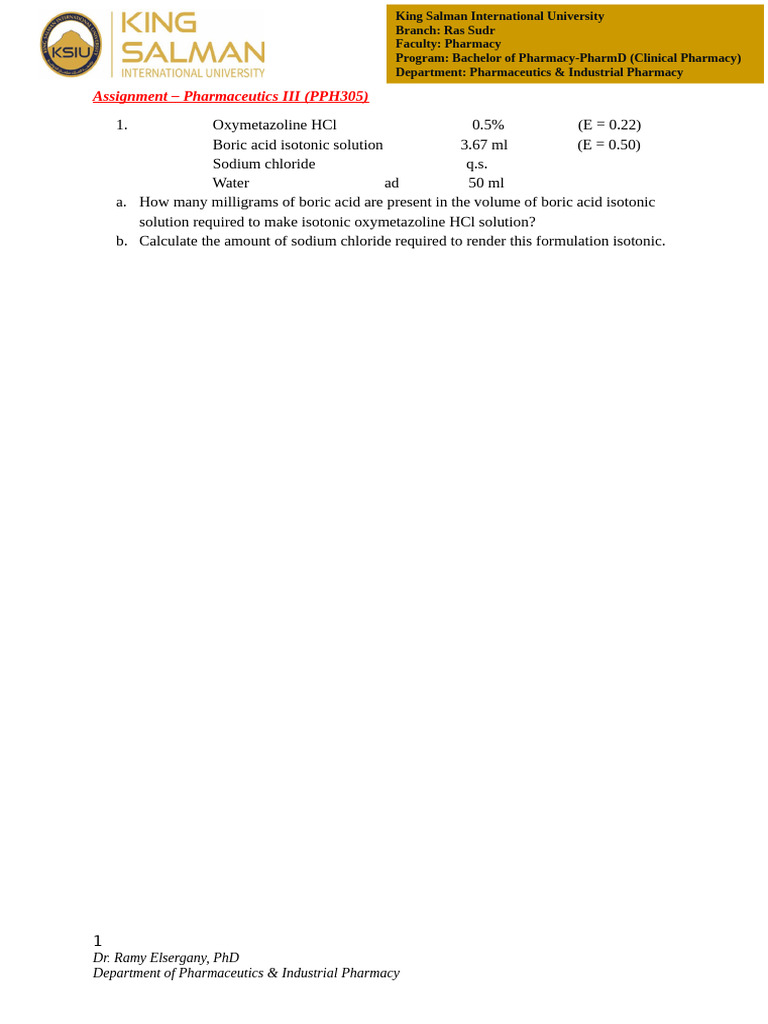 Assignment PPH305 - Fall 2425 | PDF | Sodium | Potassium Chloride