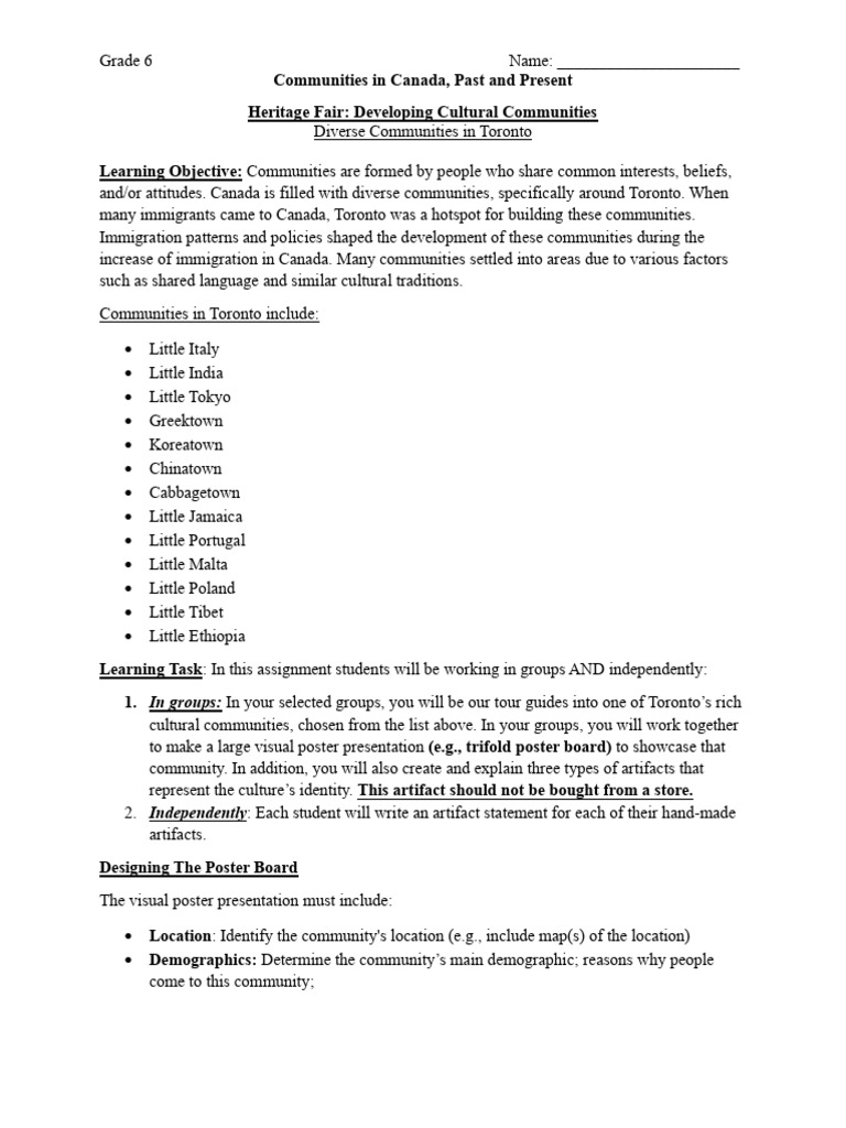 Grade 6 Social Studies - Heritage Fair - Diverse Communities in Toronto ...