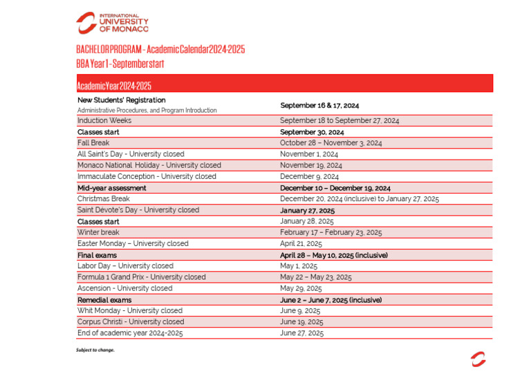 IUM-Academic Calendar 2024-2025 - BBA1 September 24 | PDF