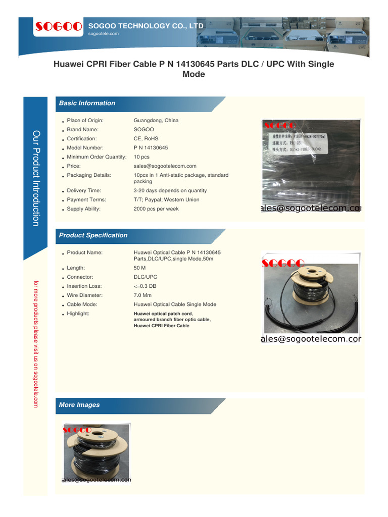 Huawei Cpri Fiber Cable P N 14130645 Parts DLC Upc With Single Mode ...