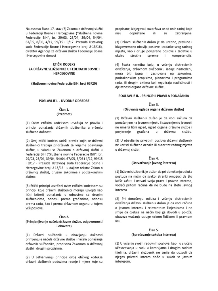 1527a Eticki Kodeks Za Drzavne Sluzbenike U Fbih 63 20 | PDF