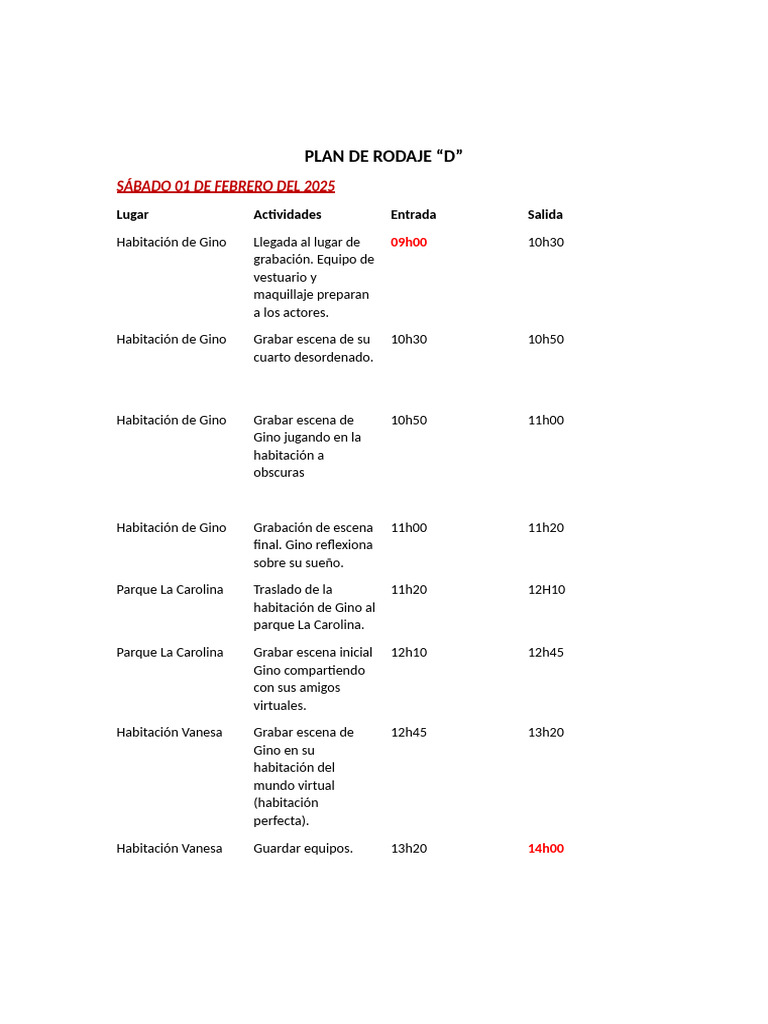 Plan de Rodaje | PDF