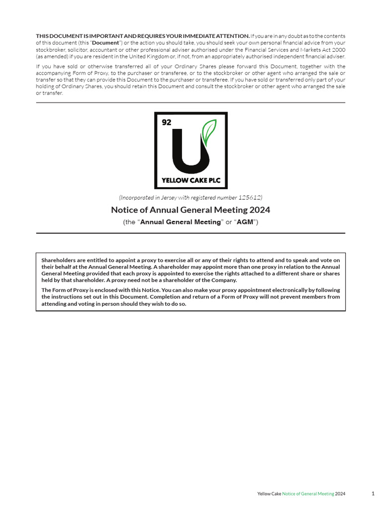 Yellow Cake - Notice of AGM - Web | PDF | Proxy Voting | Dividend