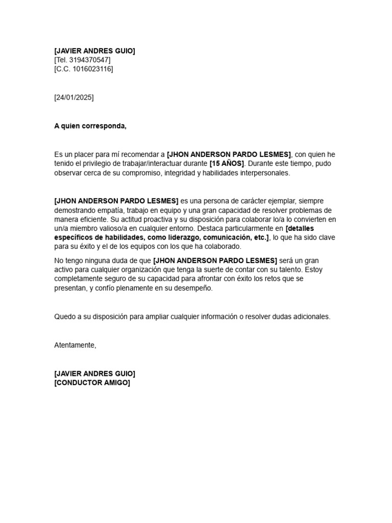 Recomendación para Jhon Anderson Pardo | PDF