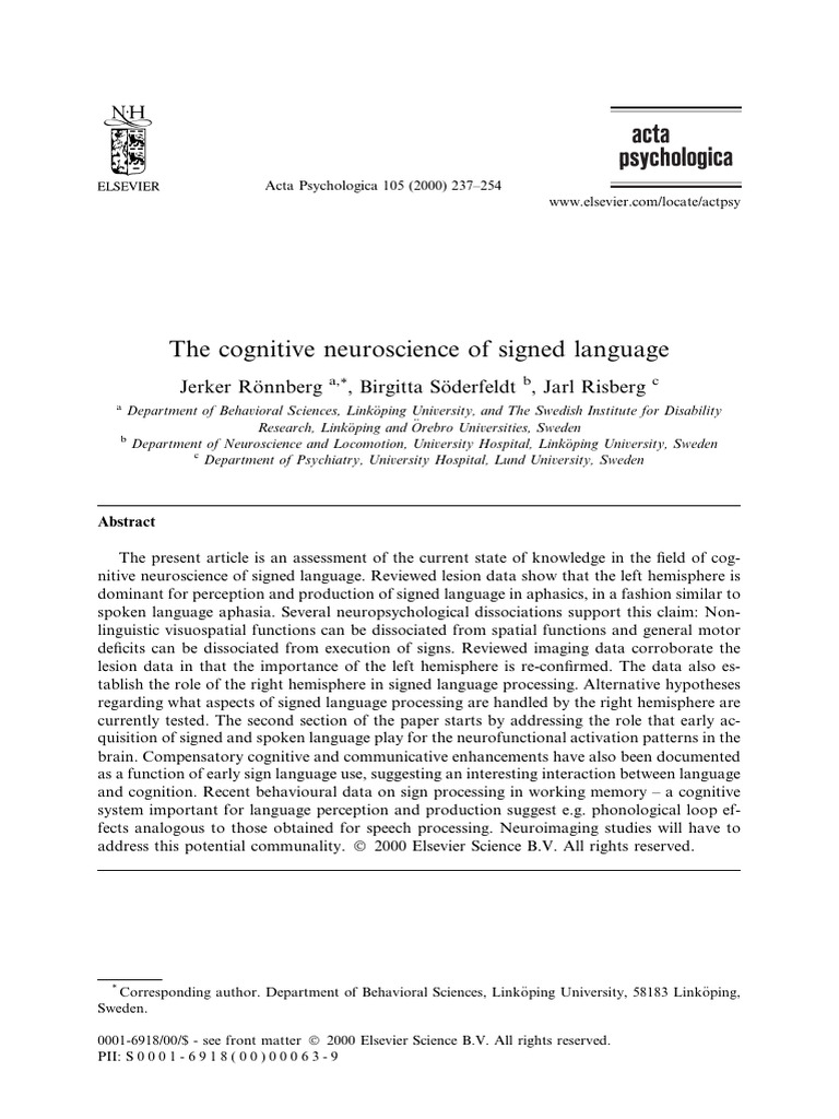 The Cognitive Neuroscience of Signed Lan | PDF | Lateralization Of Brain Function | Sign Language