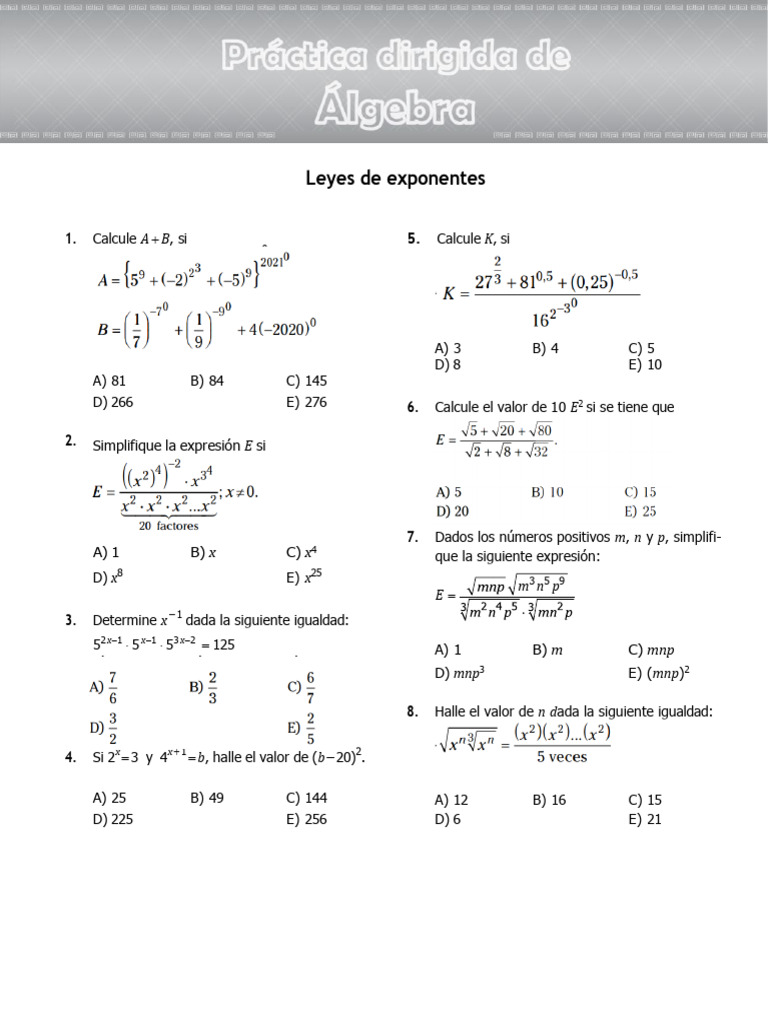 Leyes de Exponentes en Álgebra | PDF