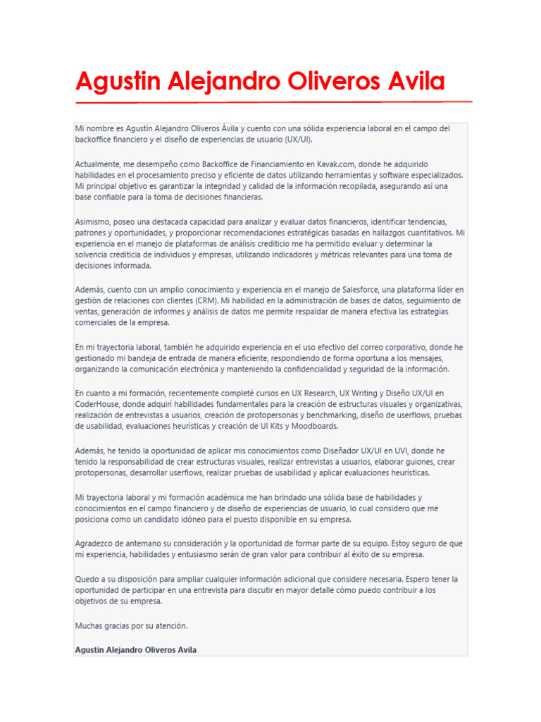 Carta de Presentación Agustin Alejandro Oliveros Avila | PDF | Business ...