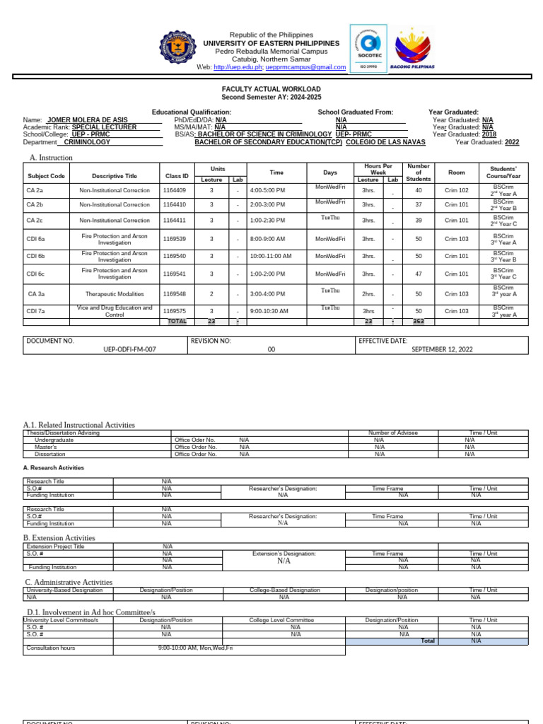 Faculty Workload Report for UEP 2024-2025 | PDF | Educational Stages | Titles