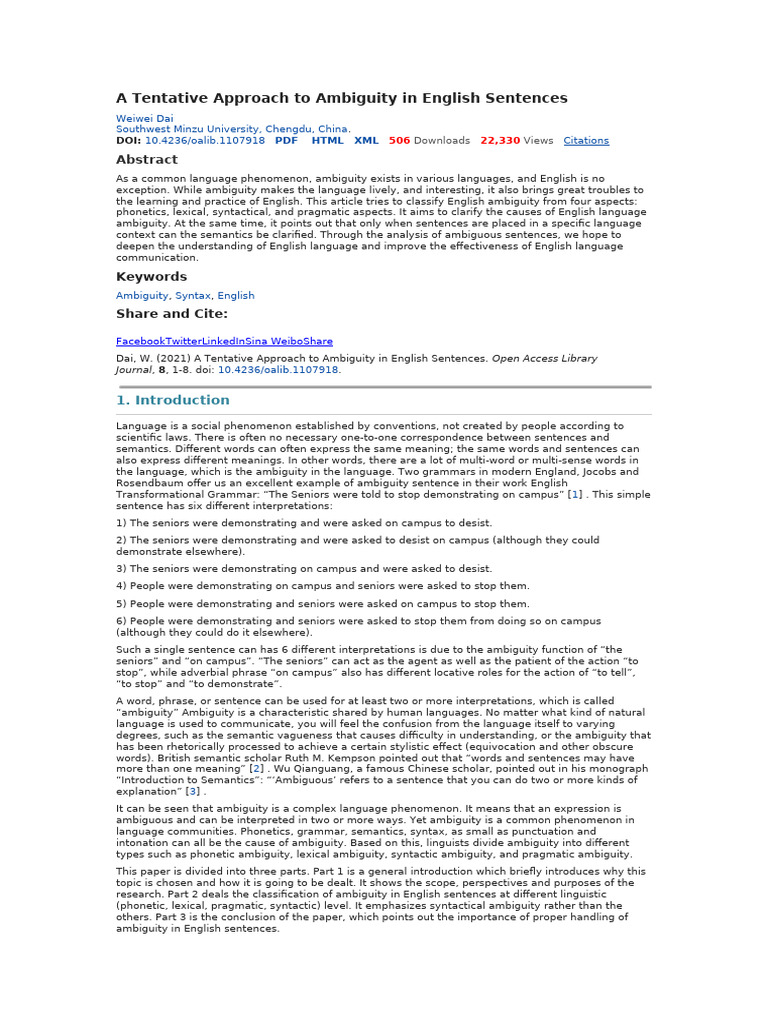 A Tenative Study of Ambiguity | PDF | Verb | Adjective