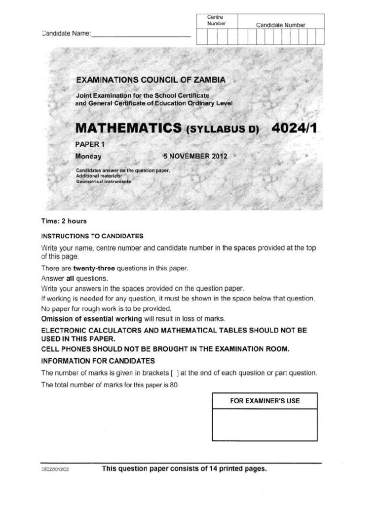 2012 Mathematics Paper 1 Past Paper Pdf