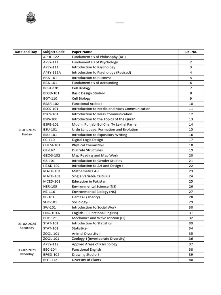 Date Sheet for the BS 4 Years Program First Semester Examination Fall ...