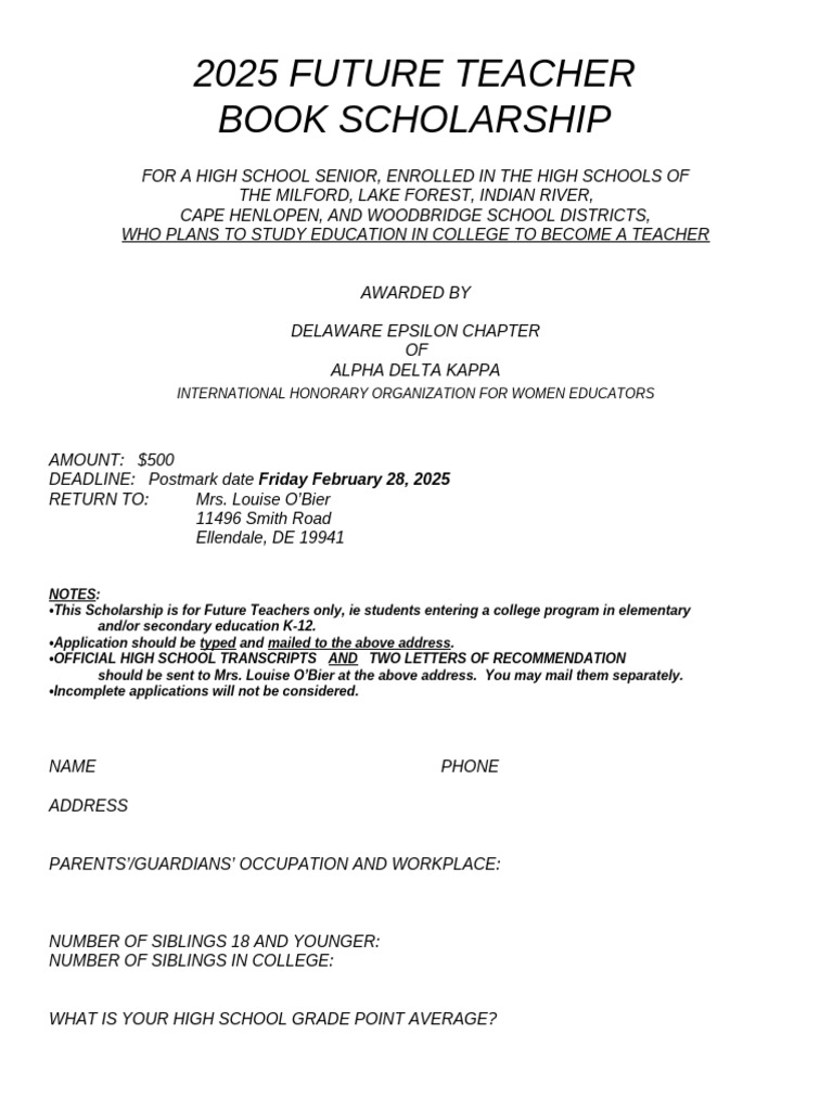 2025 Future Teacher Scholarship Application | PDF