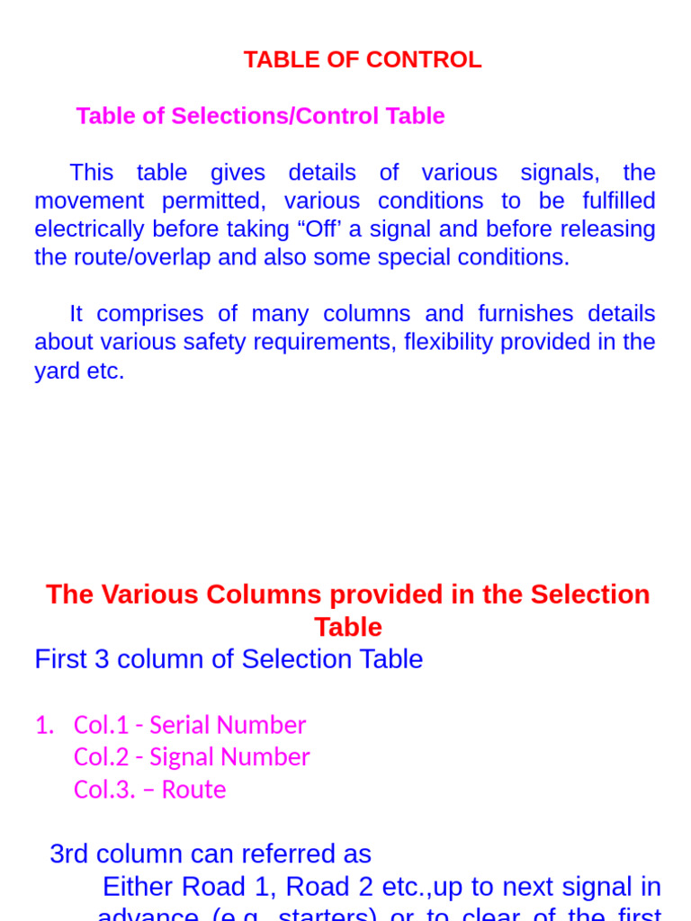 Ch 3 Selection Table Control Table (1) | PDF | Transport Infrastructure | Railway Safety