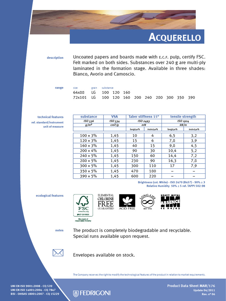 Ficha Acquerello Avorio Fedrigoni | PDF | Printing | Paper