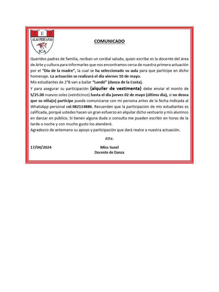 2°B sec Comunicado de danza | PDF