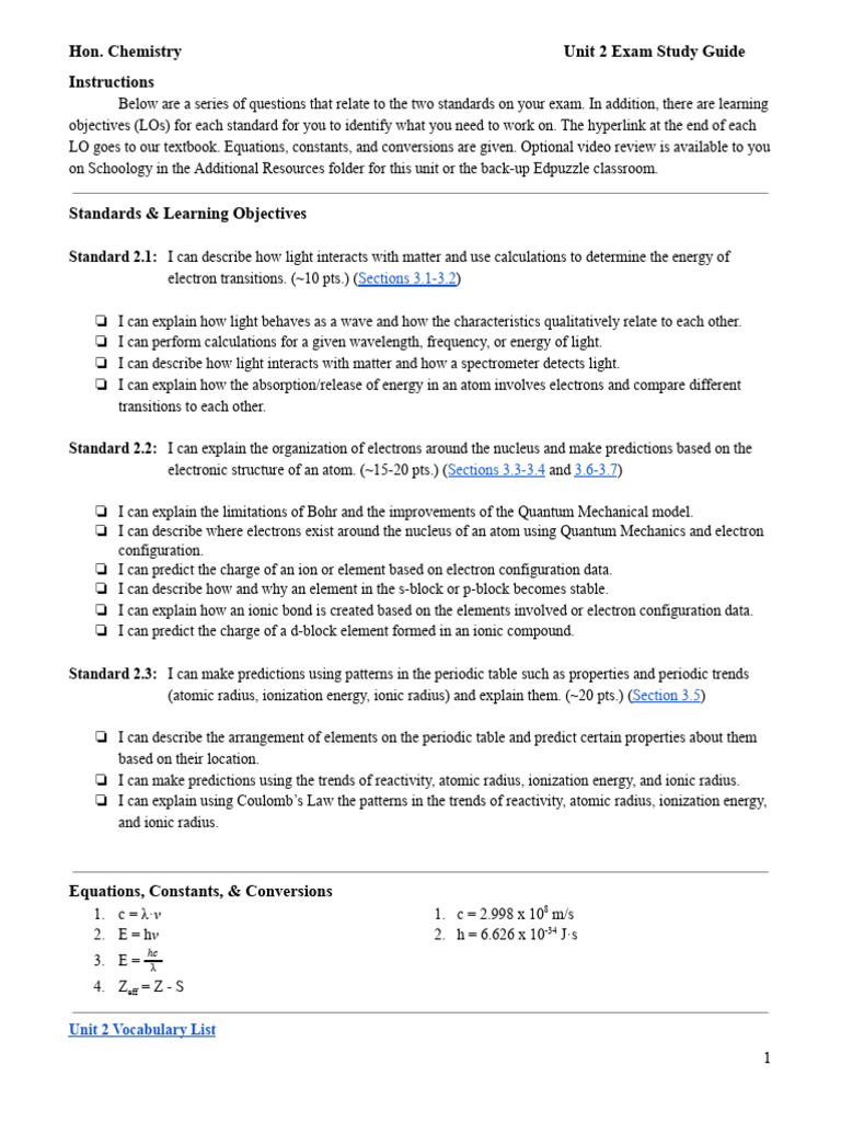 HC Unit 2 Exam Study Guide | PDF | Ion | Periodic Table