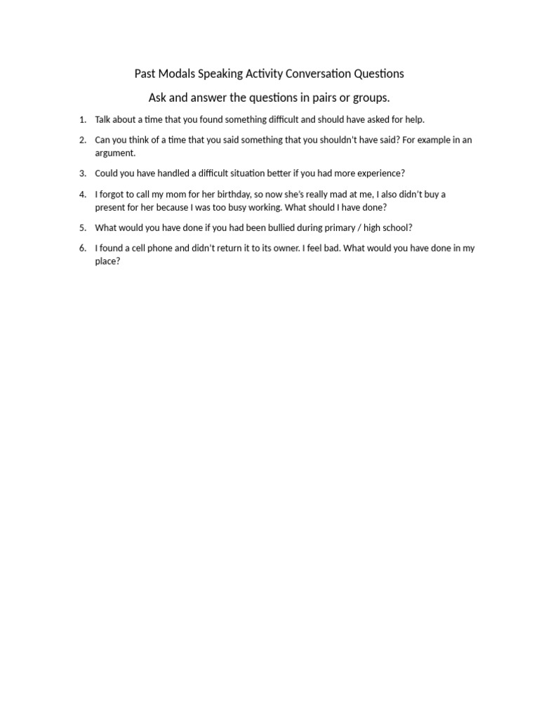 Past Modals Speaking Activity Conversation Questions | PDF