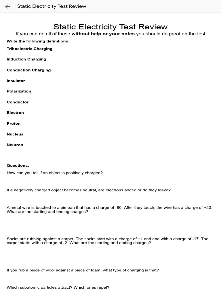 Static Electricity Test Review | PDF