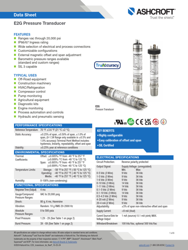Datasheet Pressure Transducer E2g | PDF | Pressure Measurement | Electromagnetism