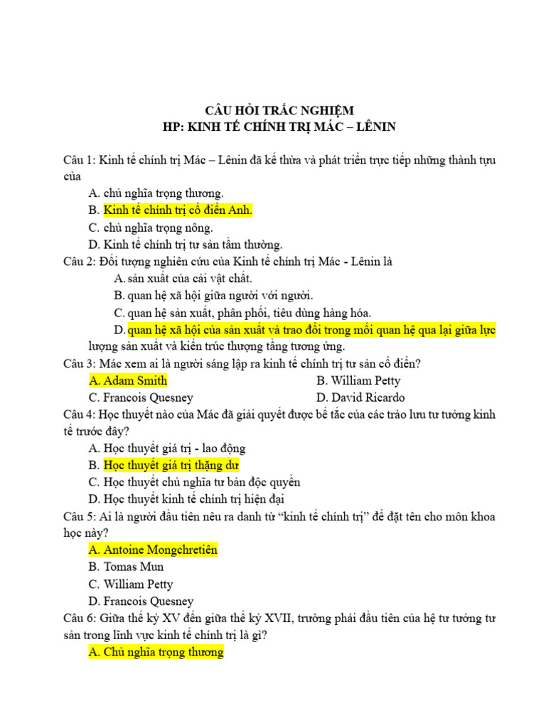 Mot So Mau Cau Hoi Trac Nghiem Hoc Phan Kinh Te Chinh Tri Mac-Lenin 1728440932 | PDF
