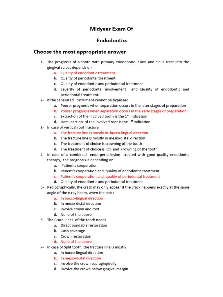 Midyear Exam of Endodontic 23 Answer (1) | PDF | Periodontology | Pain
