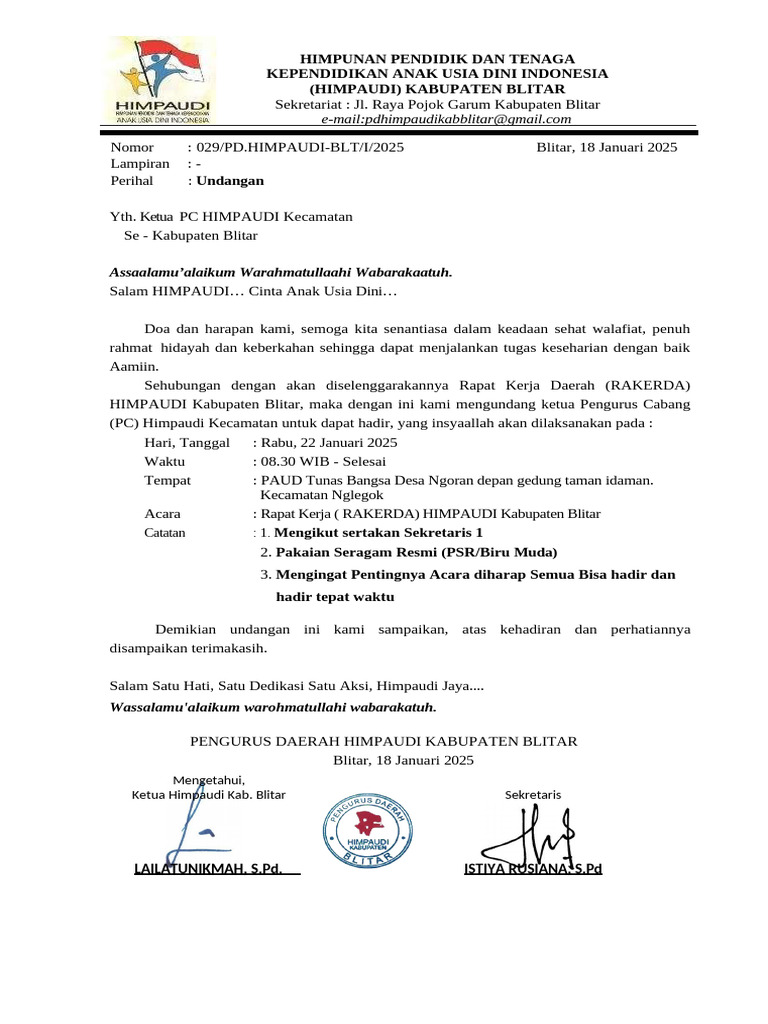 Undangan RAKERDA HIMPAUDI Blitar 2025 | PDF