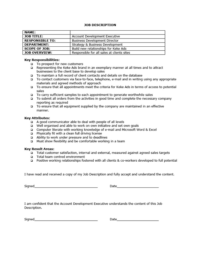 Account Development Executives - Job Description | PDF
