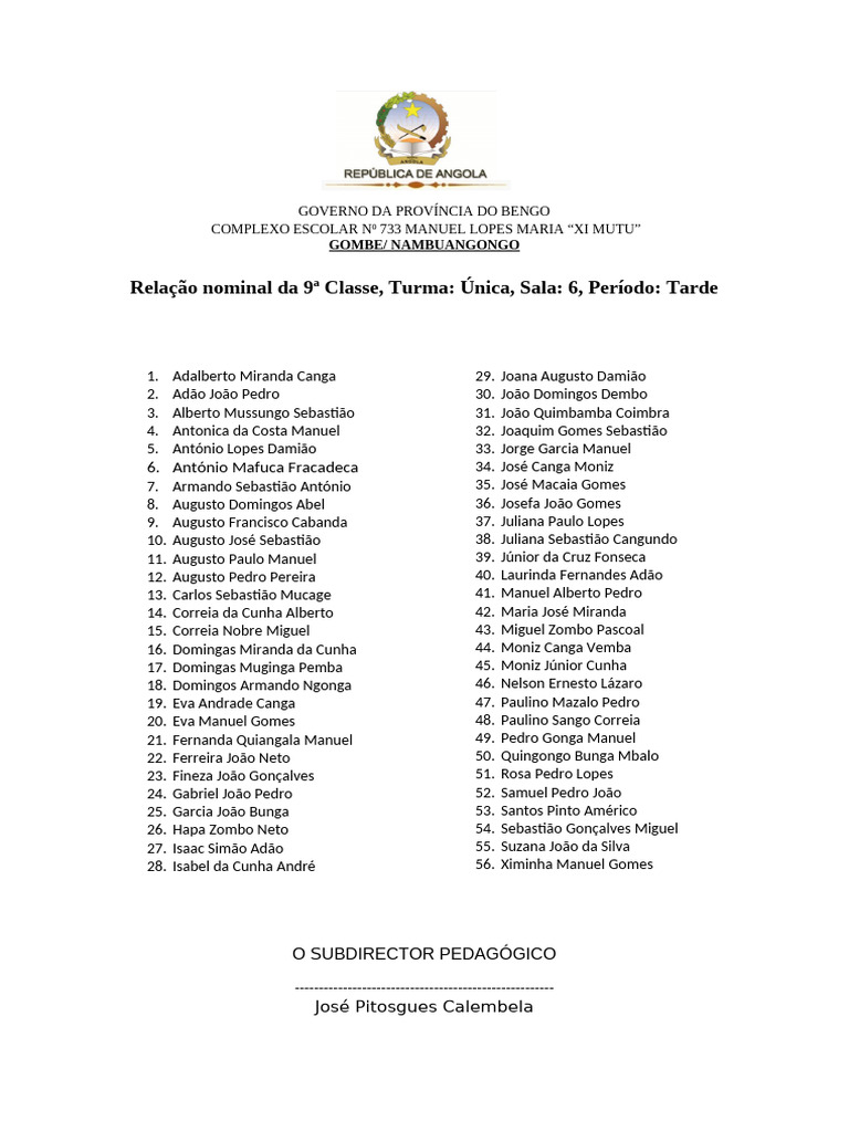 Relação Nominal Da 9 Classe 2024-25 | PDF