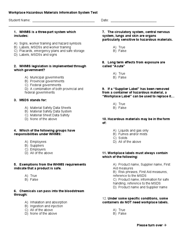 51 - Whmis Test 2009 | Dangerous Goods | Prevention