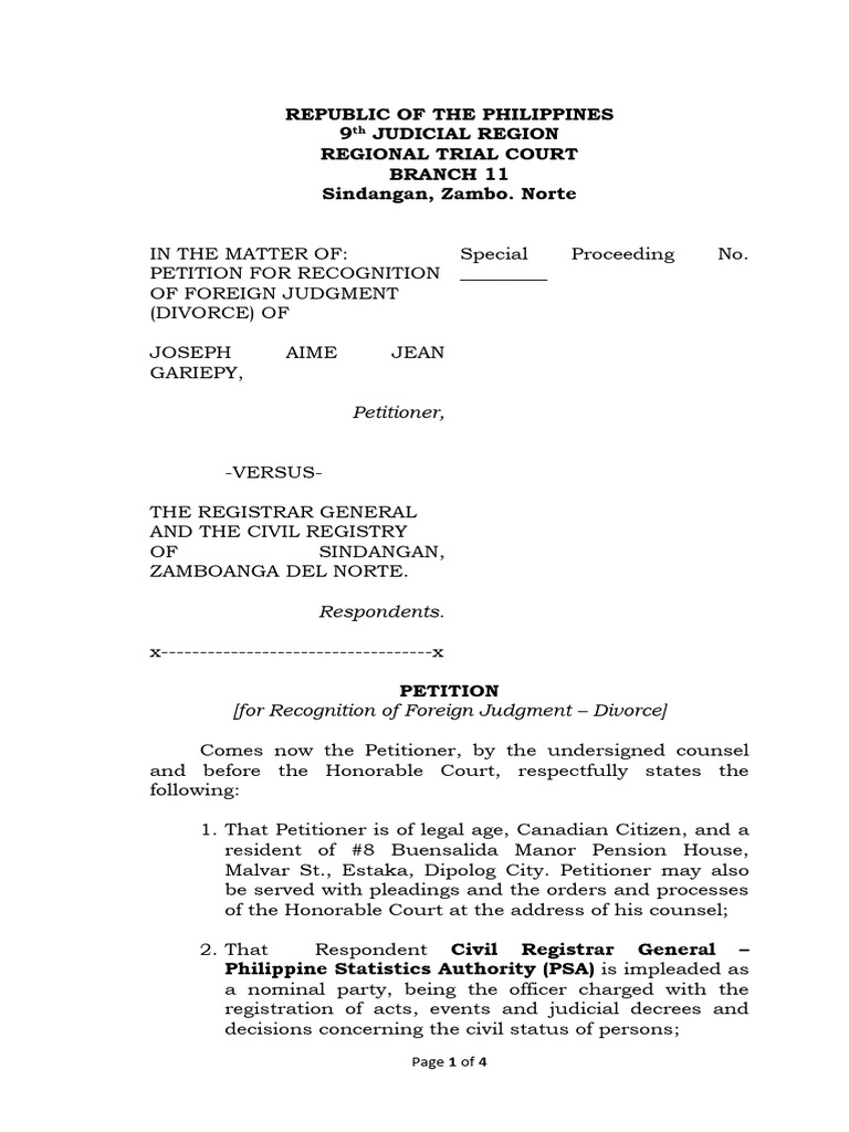Petition For Recognition of Foreign Judgment | PDF | Divorce | Judgment ...