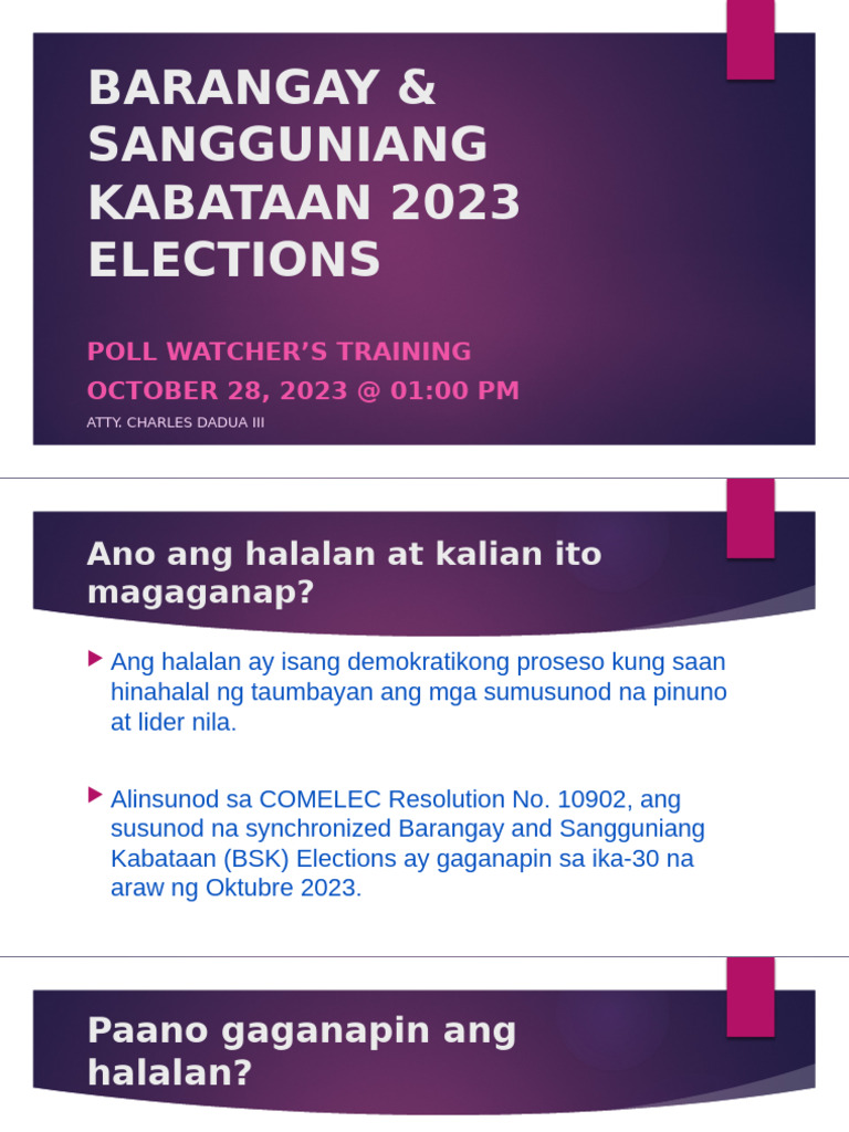 BSK 2023 Elections Poll Watchers Training | PDF
