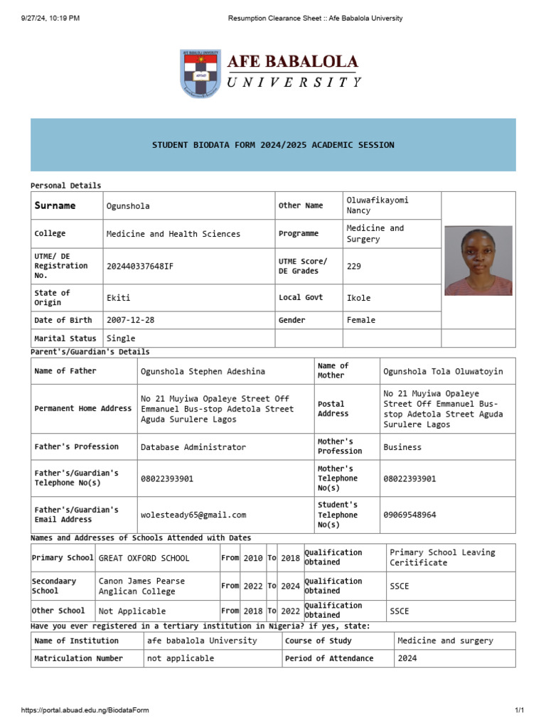 Student Biodata Form 2024/2025 | PDF