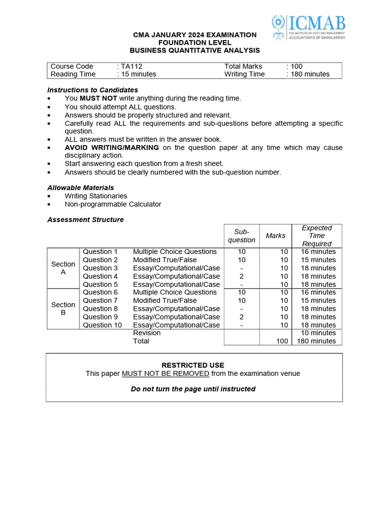 TA112.BQA (F.L) Question CMA January-2024 Exam. | PDF | Mean | Variance