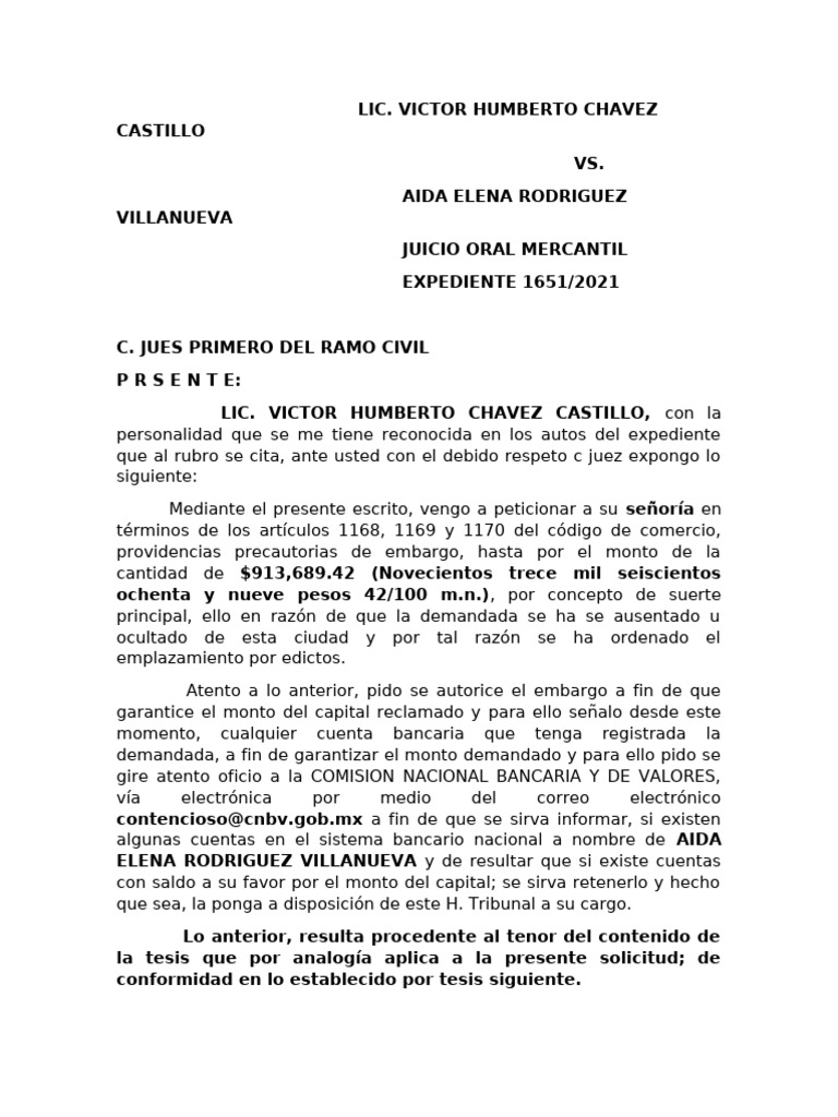 Embargo Precautorio Mercantil Solicitado | PDF | Caso de ley