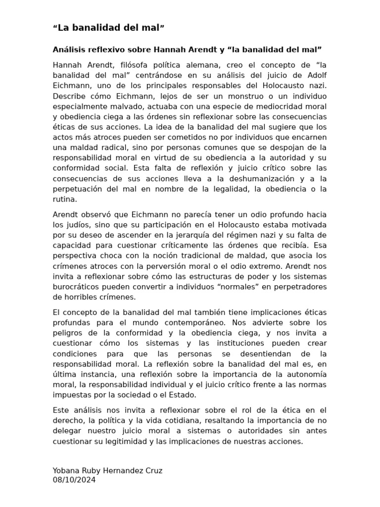 Análisis de la Banalidad del Mal de Arendt | PDF | Hannah Arendt | Mal