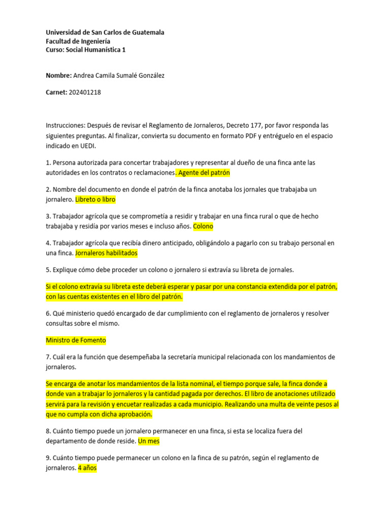 Reglamento de Jornaleros: Resumen y Preguntas | PDF