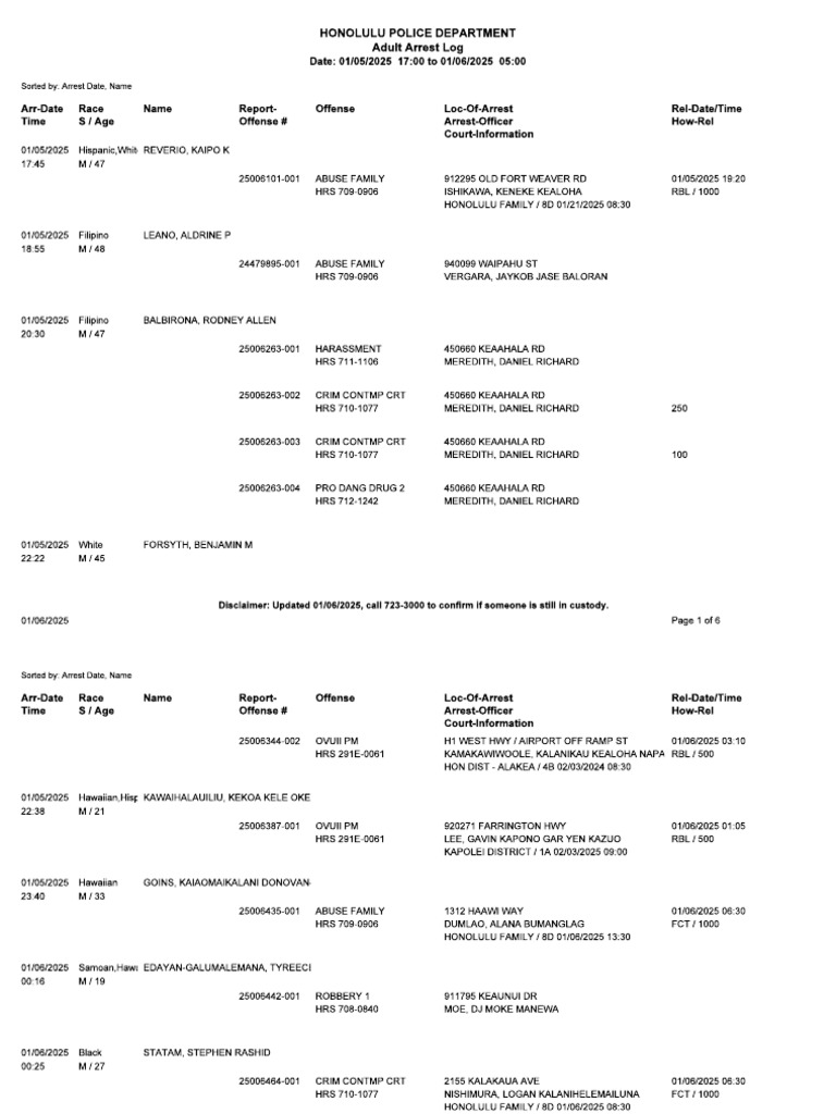 2025 01 06 05 00 27 - Arrest - Log | PDF