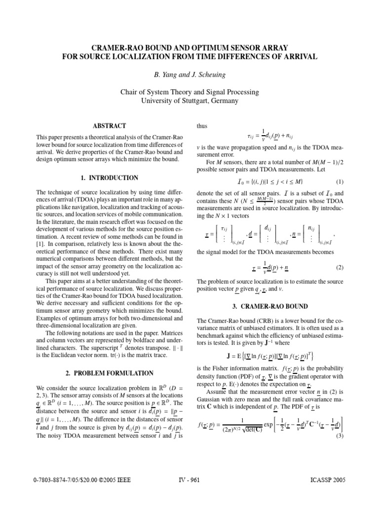 Cramerrao Bound and Optimum Sensor Array For Source Localization | PDF | Geometry