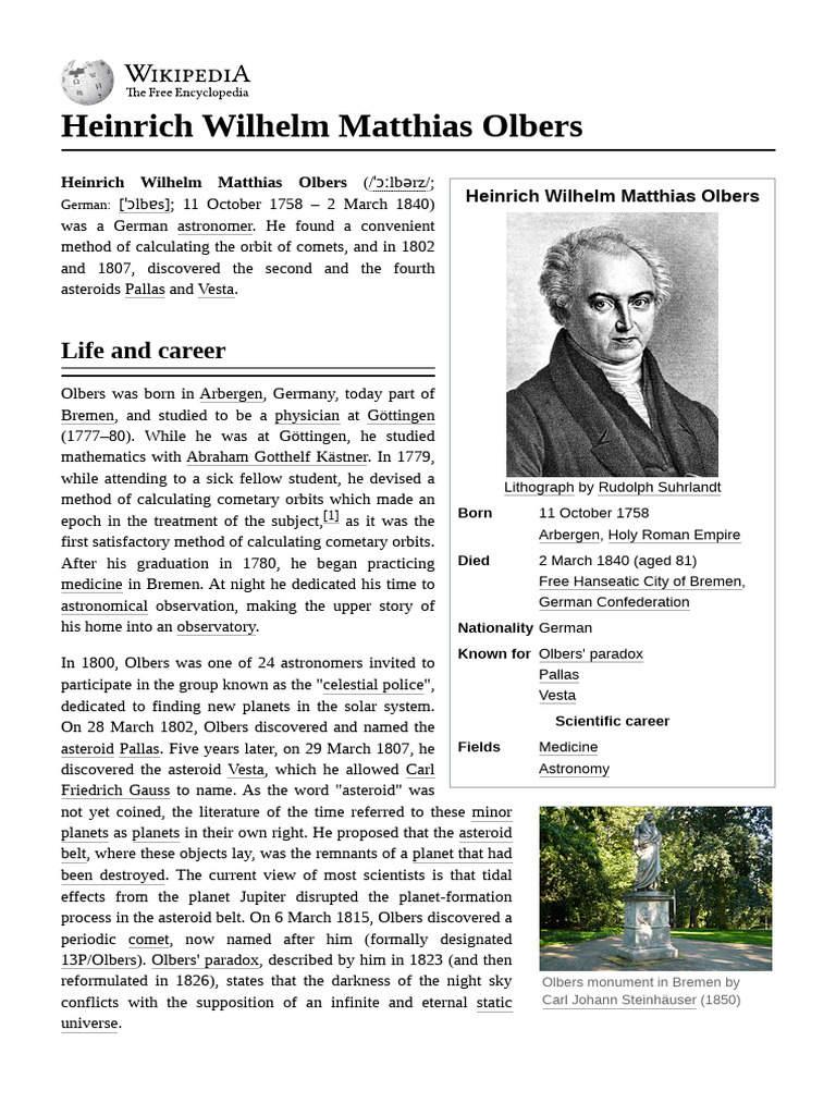 Heinrich Wilhelm Matthias Olbers | PDF | Astronomy | Planetary Science