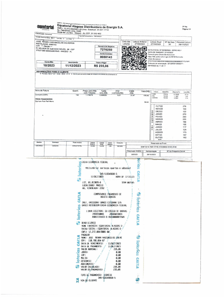 Nota Fiscal + 022965568 SÉRIE 000 + EQUATORIAL ENERGIA ALAGOAS (12.272.084_0001-00) + 235,06 ...