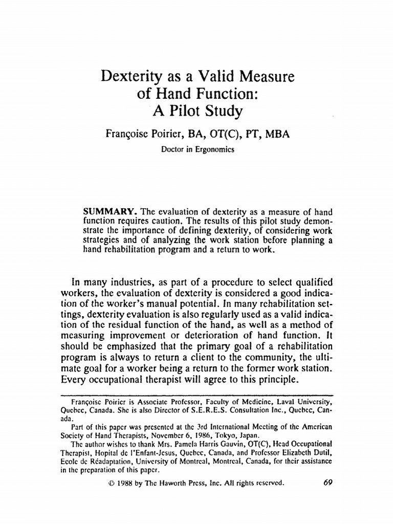 Evaluating Dexterity in Hand Function | PDF | Hand | Physical Therapy