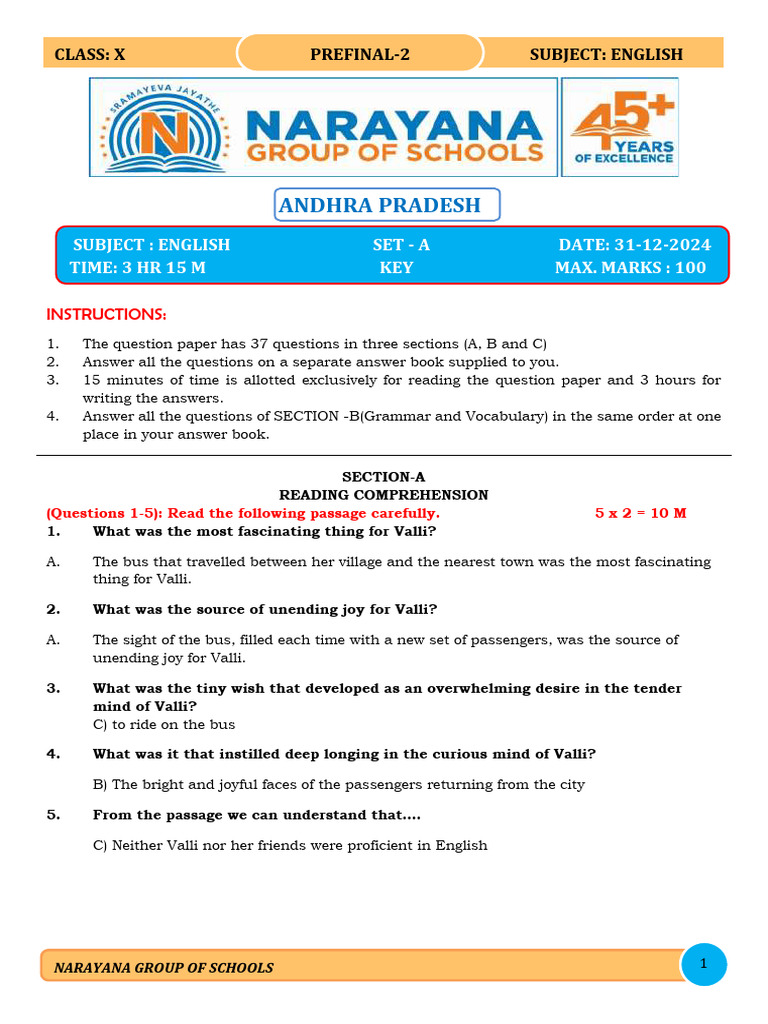 Ap X-SSC English - Prefinal-2 - Set-A - Key | PDF | Linguistic Typology | Human Communication